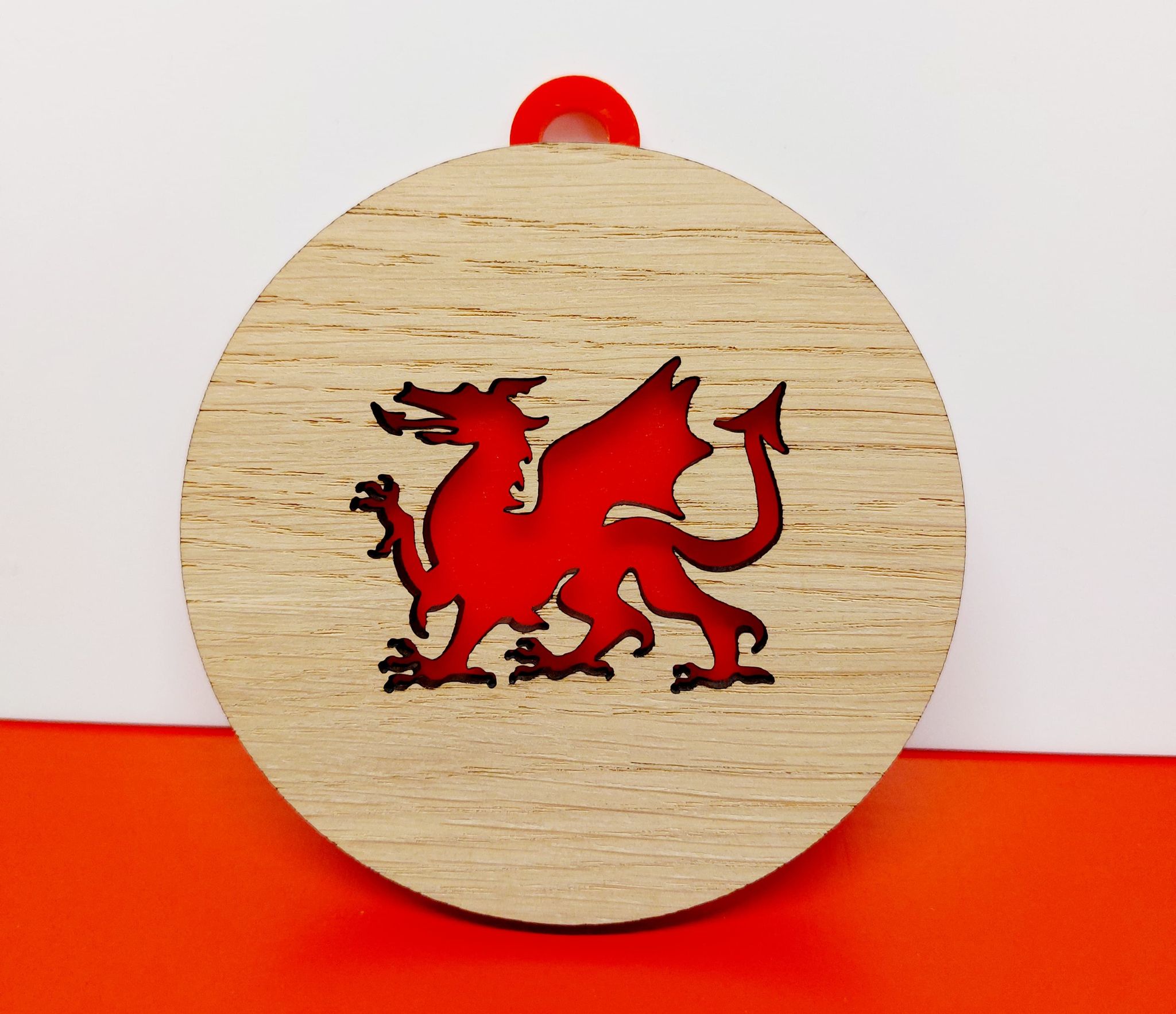 Oak Veneer & Red Acrylic 3D Welsh Dragon Bauble (CC0317) | Woodform Crafts