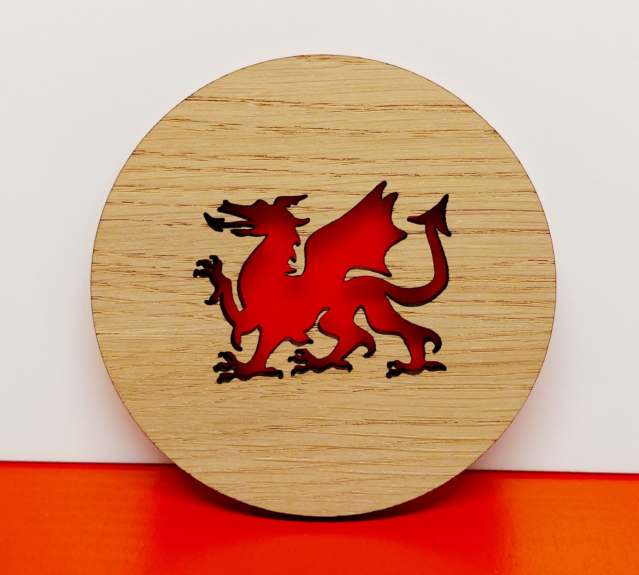 Oak Veneer & Red Acrylic 3D Welsh Dragon Coaster (WC1850) | Woodform Crafts